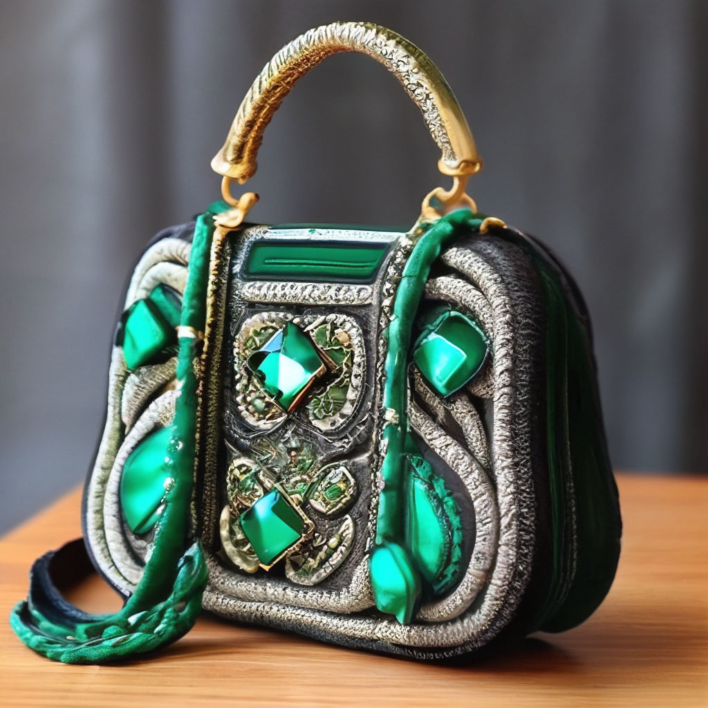 "An exquisite women's handbag is woven from threads of black cotton of ...