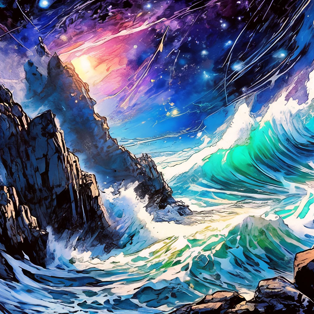 "Beautiful landscape, raging sea, waves crashing against rocks, epic ...