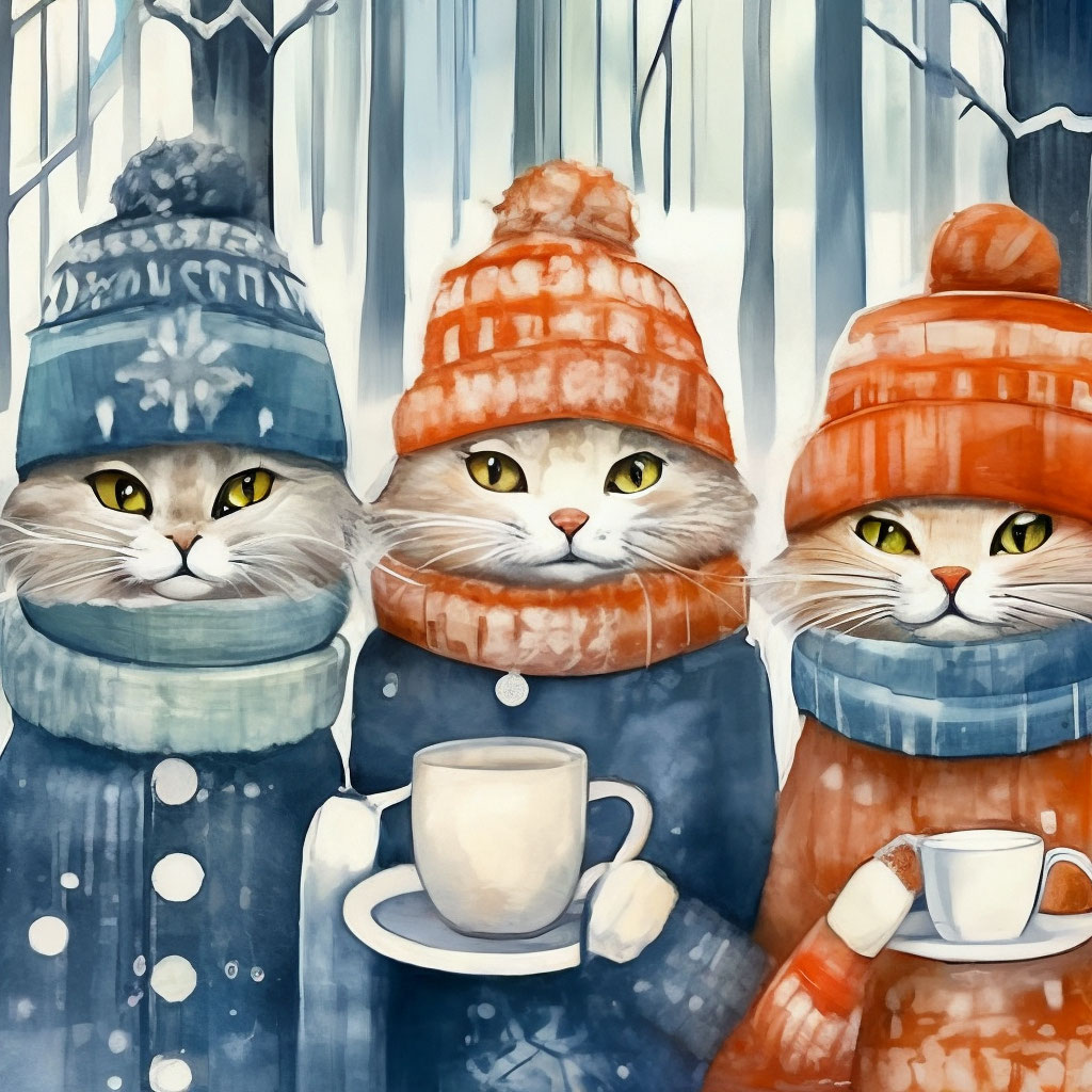 "Abstract three cats in winter hats drinking coffee in a winter forest ...