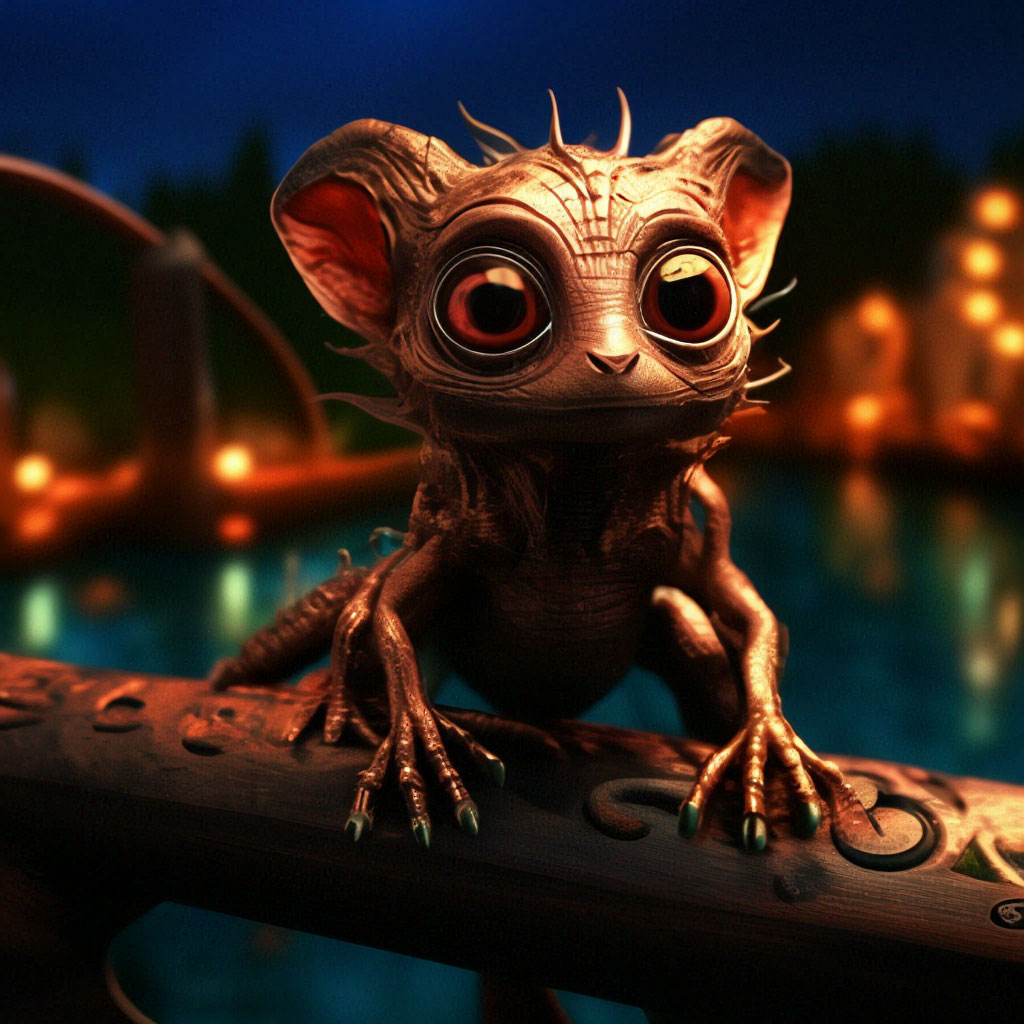 "An unusual copper wonderful creature with a tail is sitting on a ...