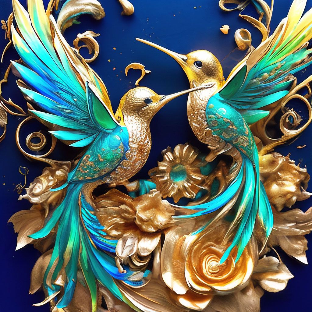 ultra-emerald-gold gradient,fantasy,two cute hummingbirds…" — image cre