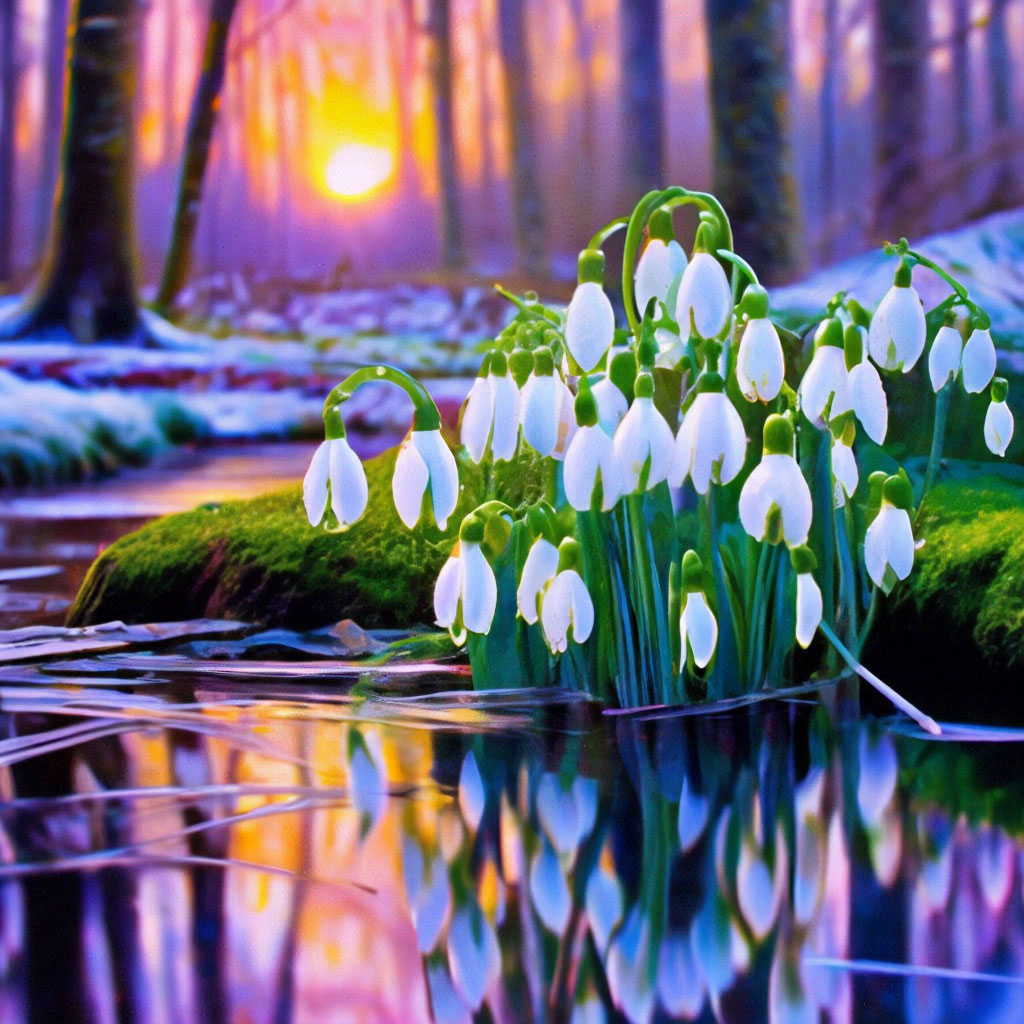 "The first snowdrop in the spring forest, sparkling stream" — image ...