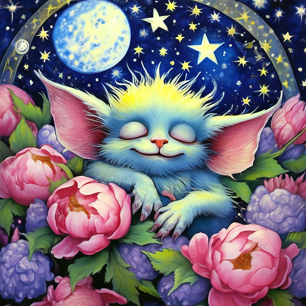 "Good dreams cute gremlin sleeps in peonies, moon, stars, fine lines ...