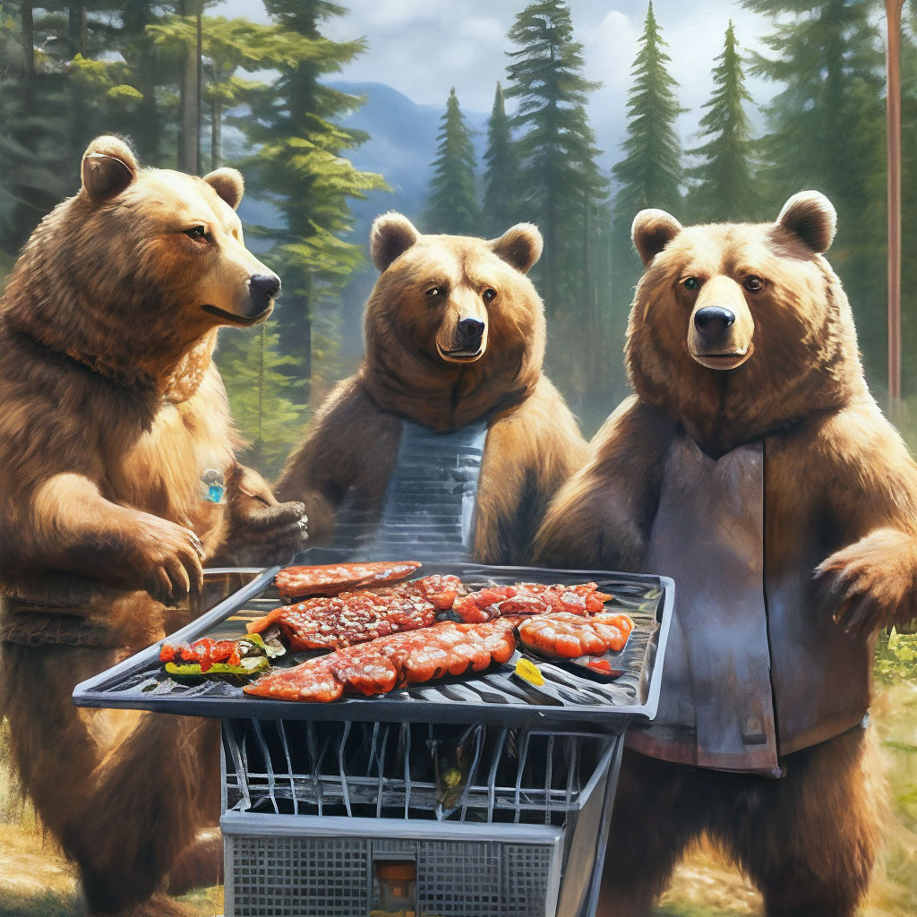 "Three bears barbecue on the grill gloomy but sunny realistic high detail …" — image created in ...