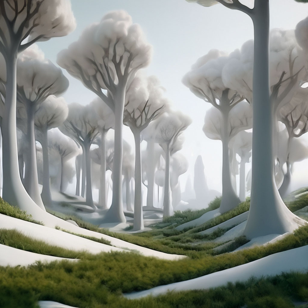 "A forest with trees in a white background, in the style of surrealist ...