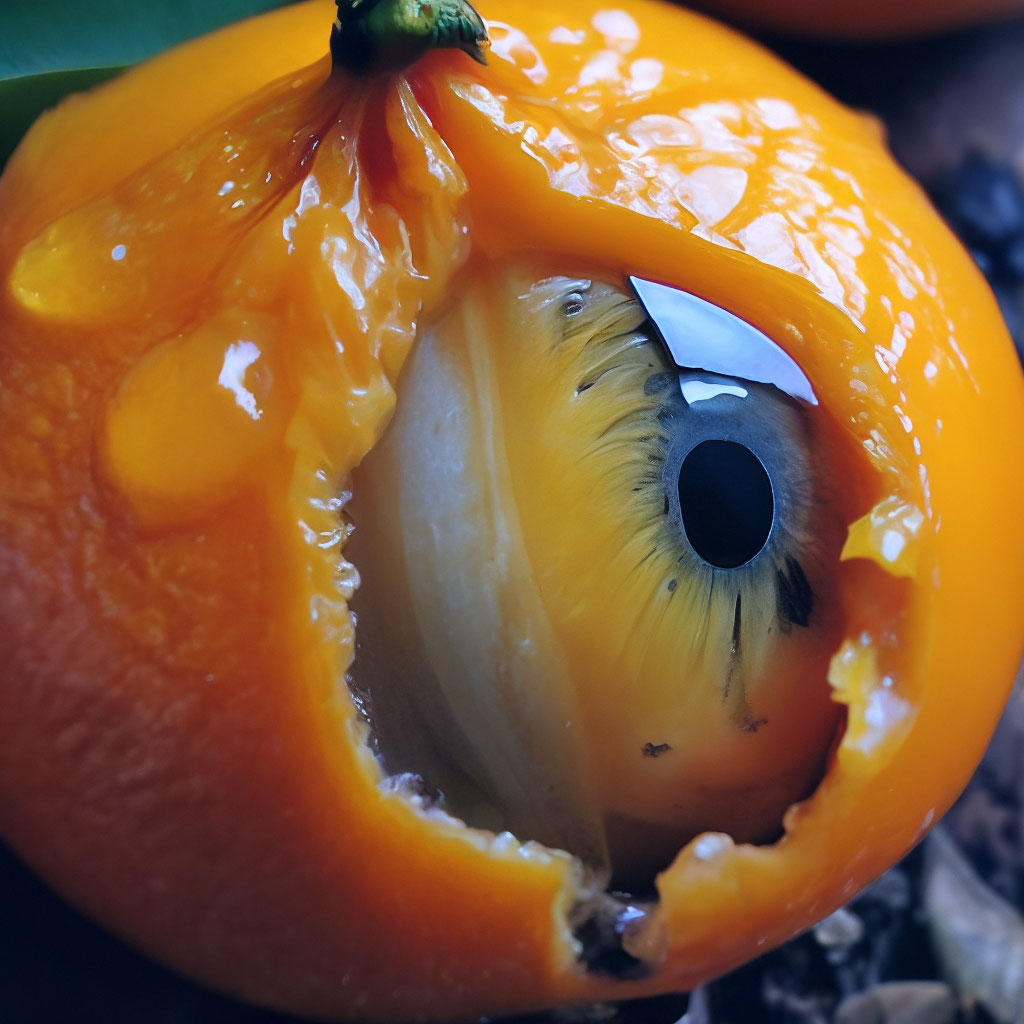 "Rotten tangerine with eyeball + cataract, juice, horror" — image ...