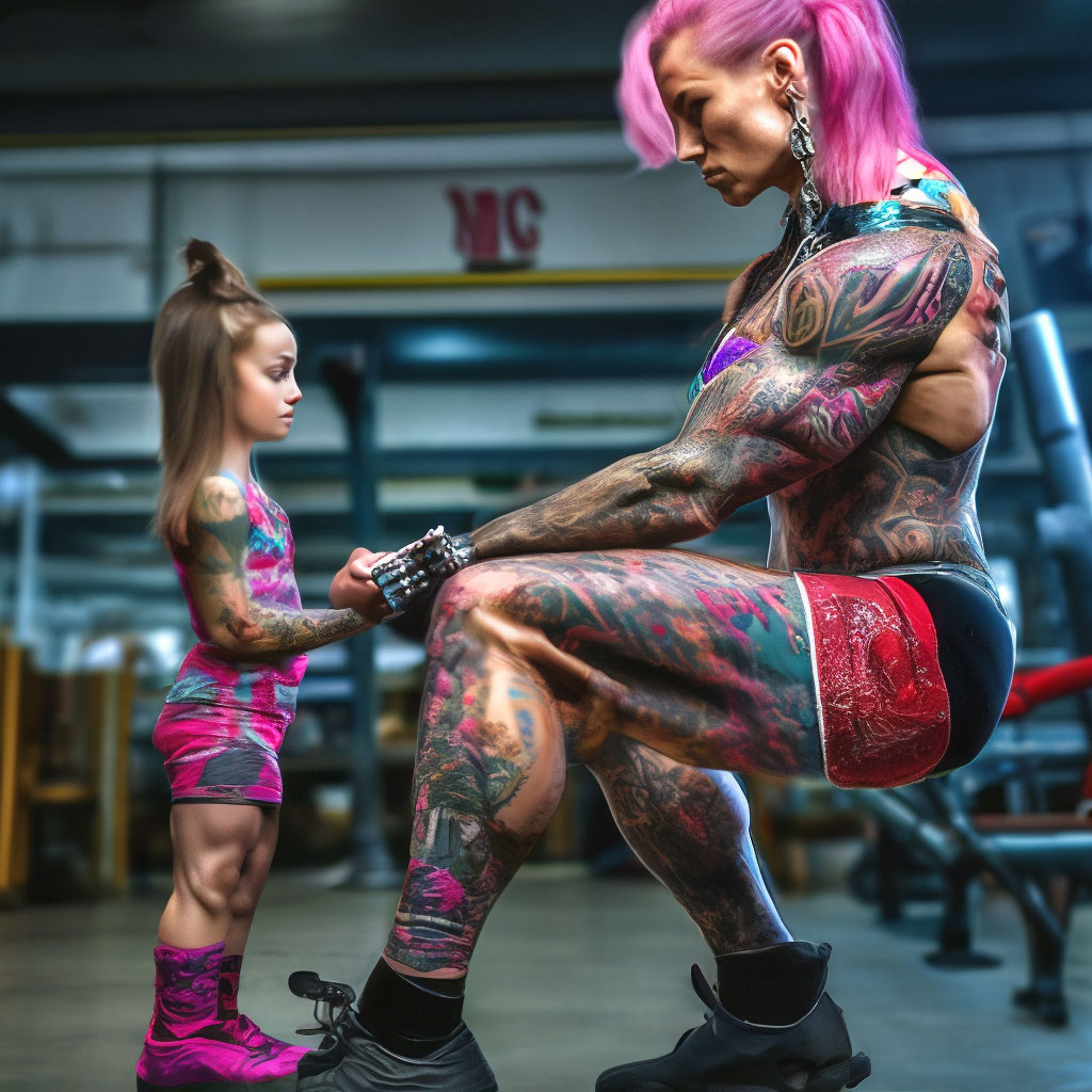 "The girl is a mutant bodybuilder The side of a bodybuilder, squatting ...