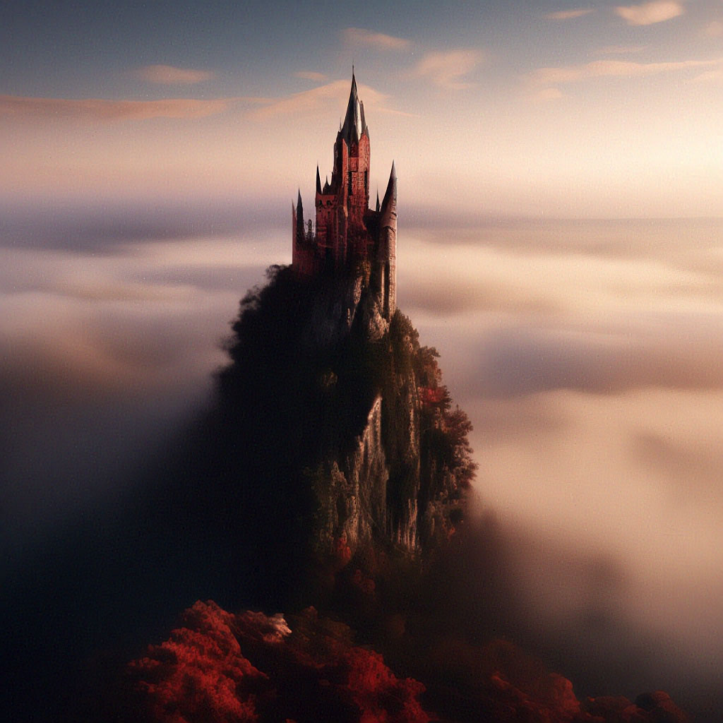 "Ruby castle-tower on top of a lonely finger rock in the middle of a ...