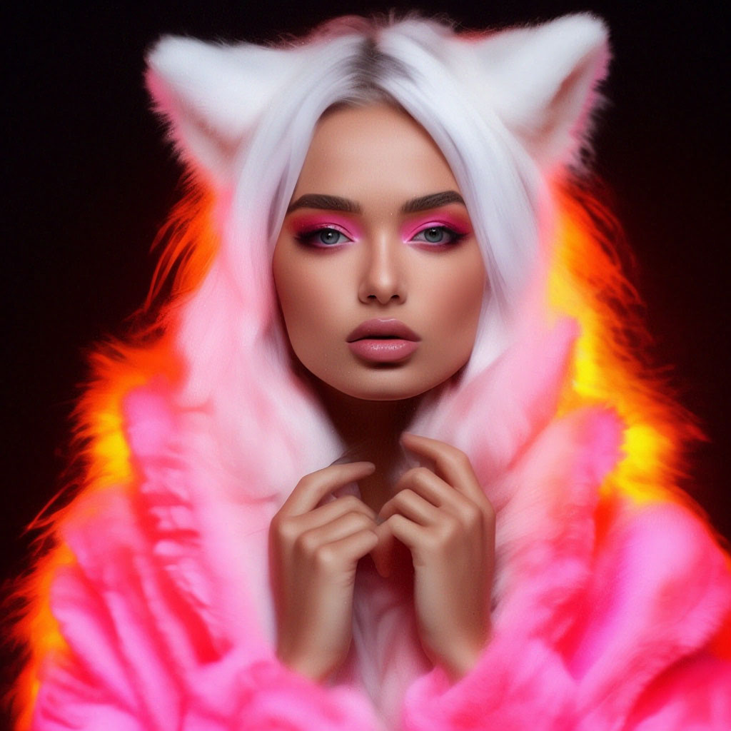"A beautiful full-face model posing with a fluffy neon white fox ...