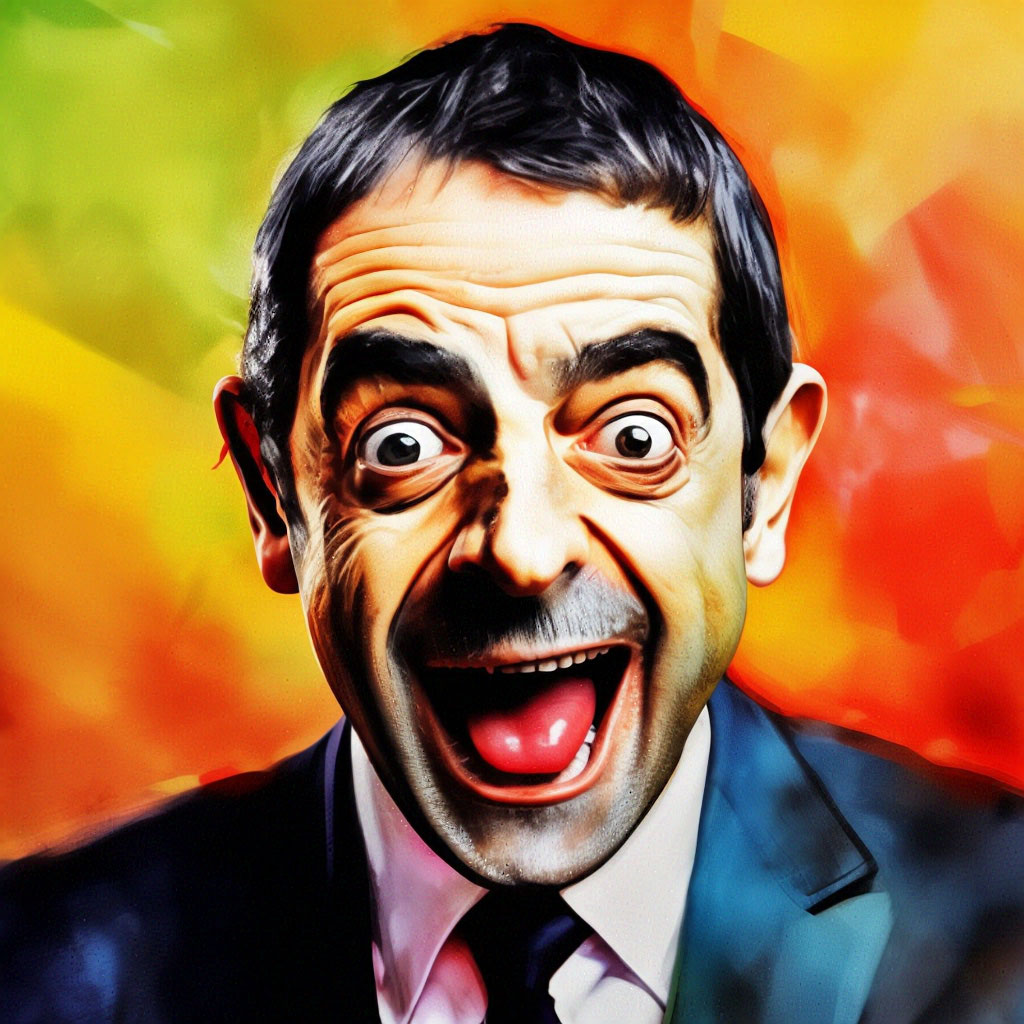 "Rowan Atkinson smiles, grimaces and sticks out his tongue ...