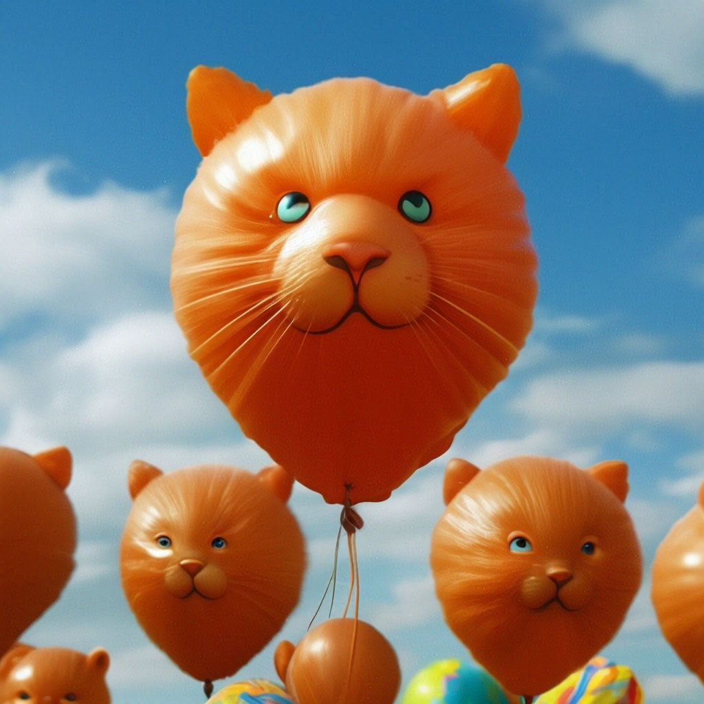 "A lot of bunches of balloons in the form of hyperrealistic cat heads ...
