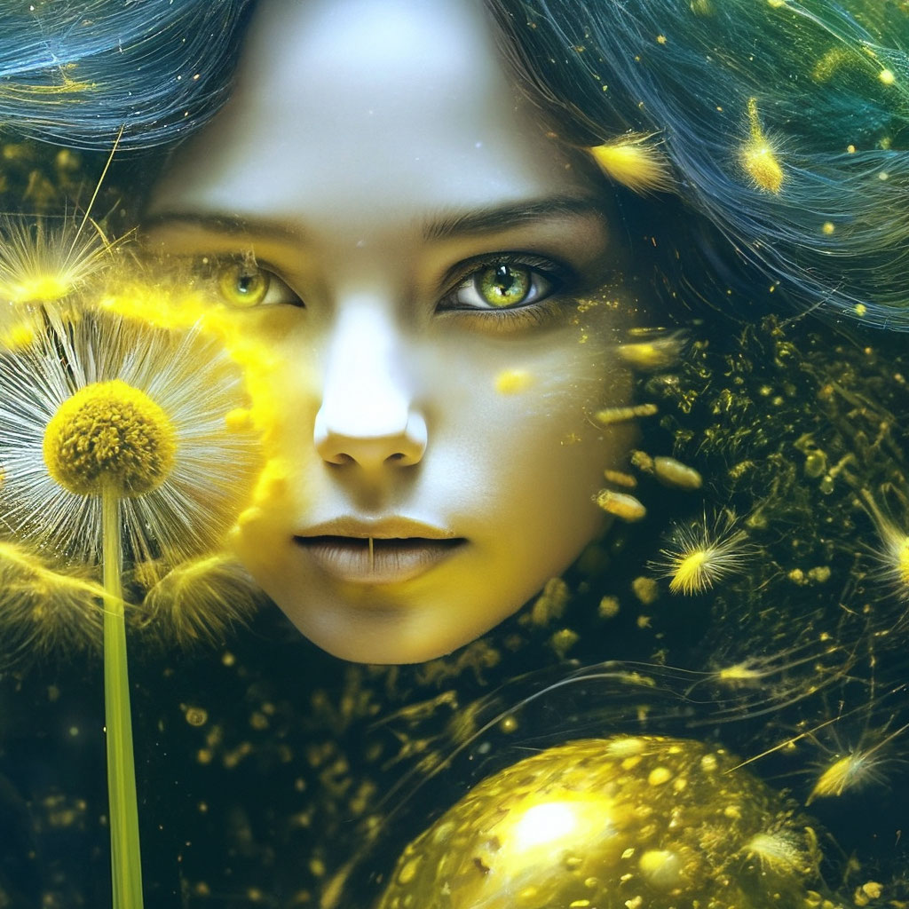 "Photorealism, hybrid girl+dandelion, half face girl, half dandelion, symbiosis, on the edge of ...