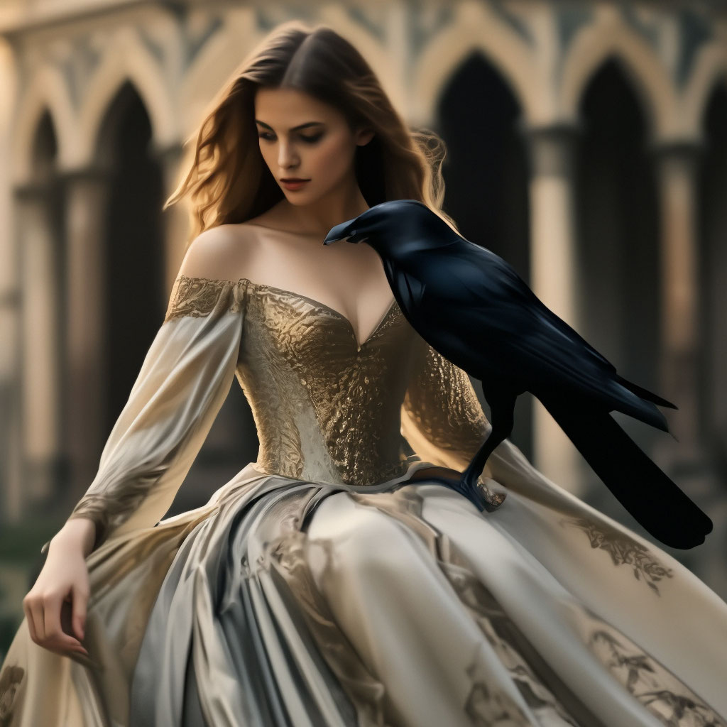 "A crow grabbed the shiny hem of a dress with its beak, a luxurious ...