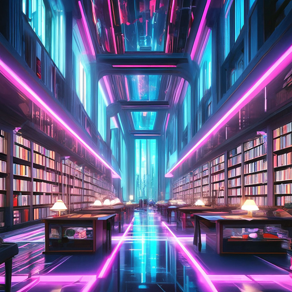 "The interior of the library of the future, neon, cyber design is real ...