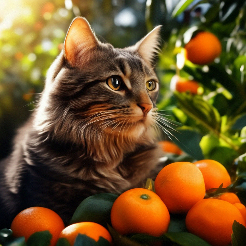 "Tangerines in the garden, a beautiful striped cat eating a tangerine ...