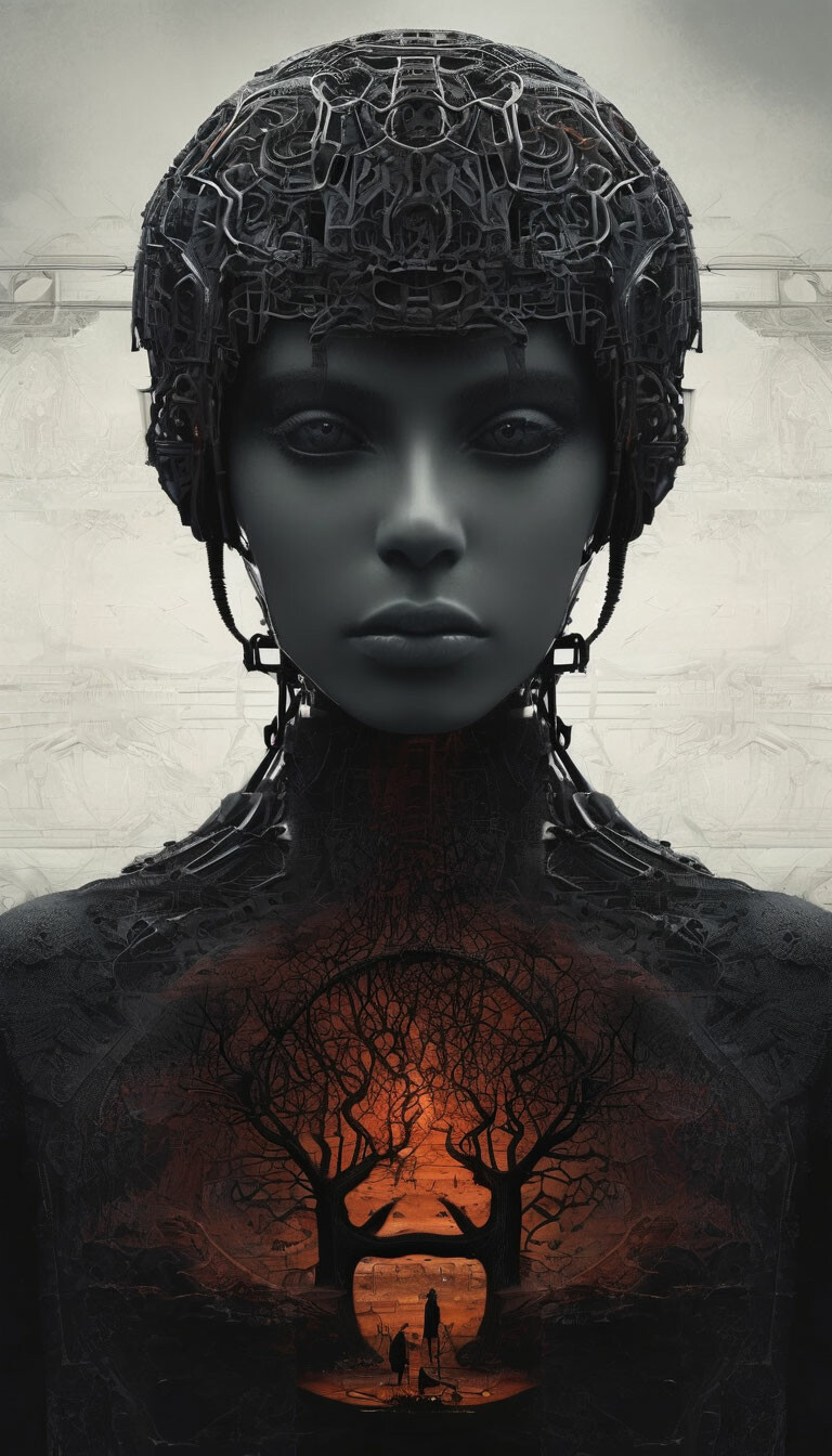 "Strange intricate collage complex art matte black+deep gray+dark ...