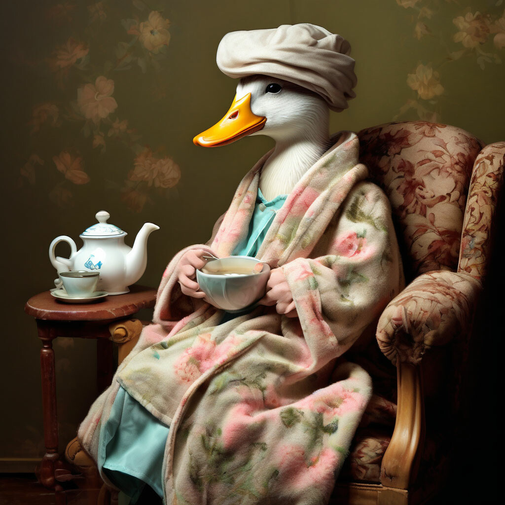 "Grandma duck, in a scarf and a bathrobe in flowers, is sitting on an ...