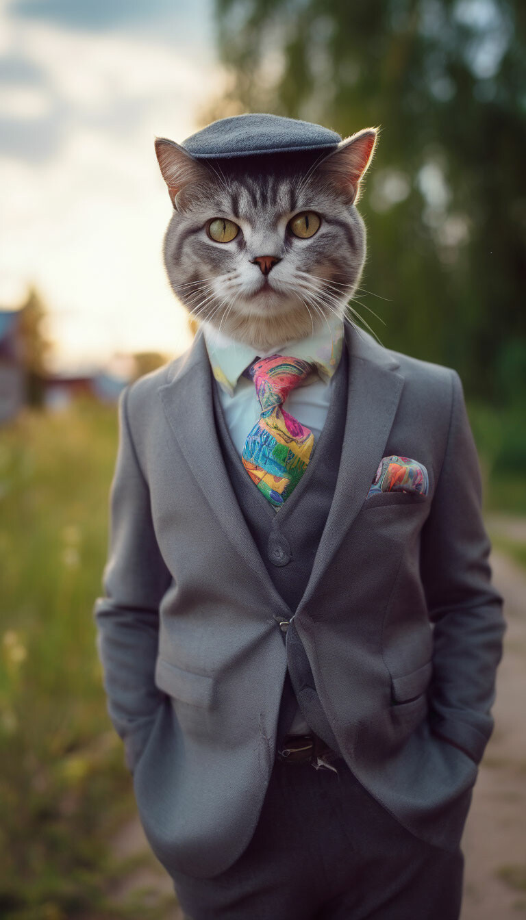 "A gray cat in a dark gray eight-link cap and a light gray suit, and a ...