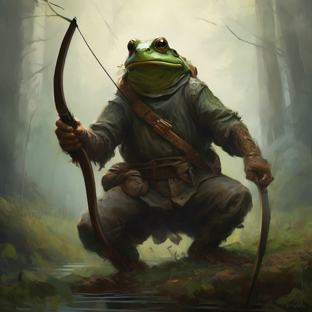 "Slavic frog hunter with a bow" — image created in Shedevrum