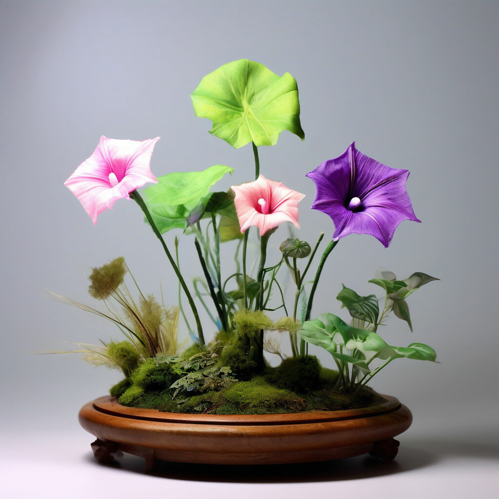 "Ipomoea tricolor, reed, lotus leaves. Ikebana on a wooden stand ...