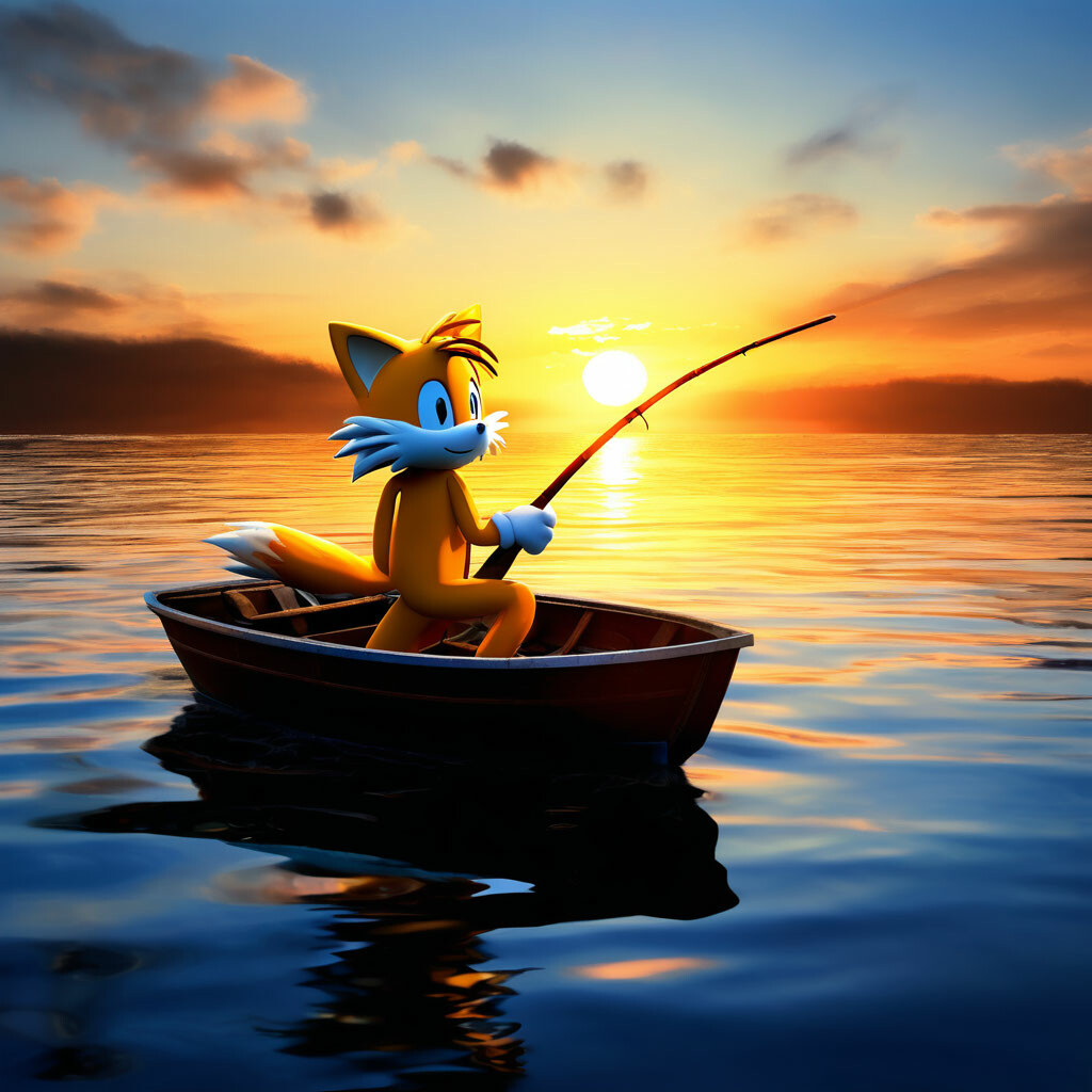 "Tails from Sonic is sitting on a boat and fishing under the beautiful ...