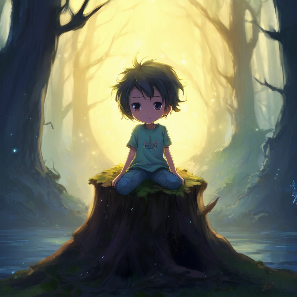 "Anime. Fairy forest, a little anime alien boy on a tree stump. anime ...