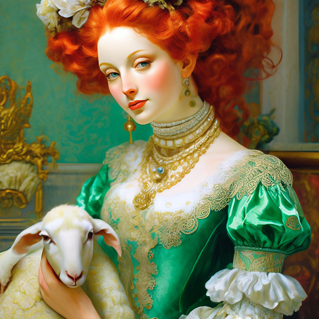 "Red hair, gorgeous lady in a magnificent outfit, boudoir of the time ...