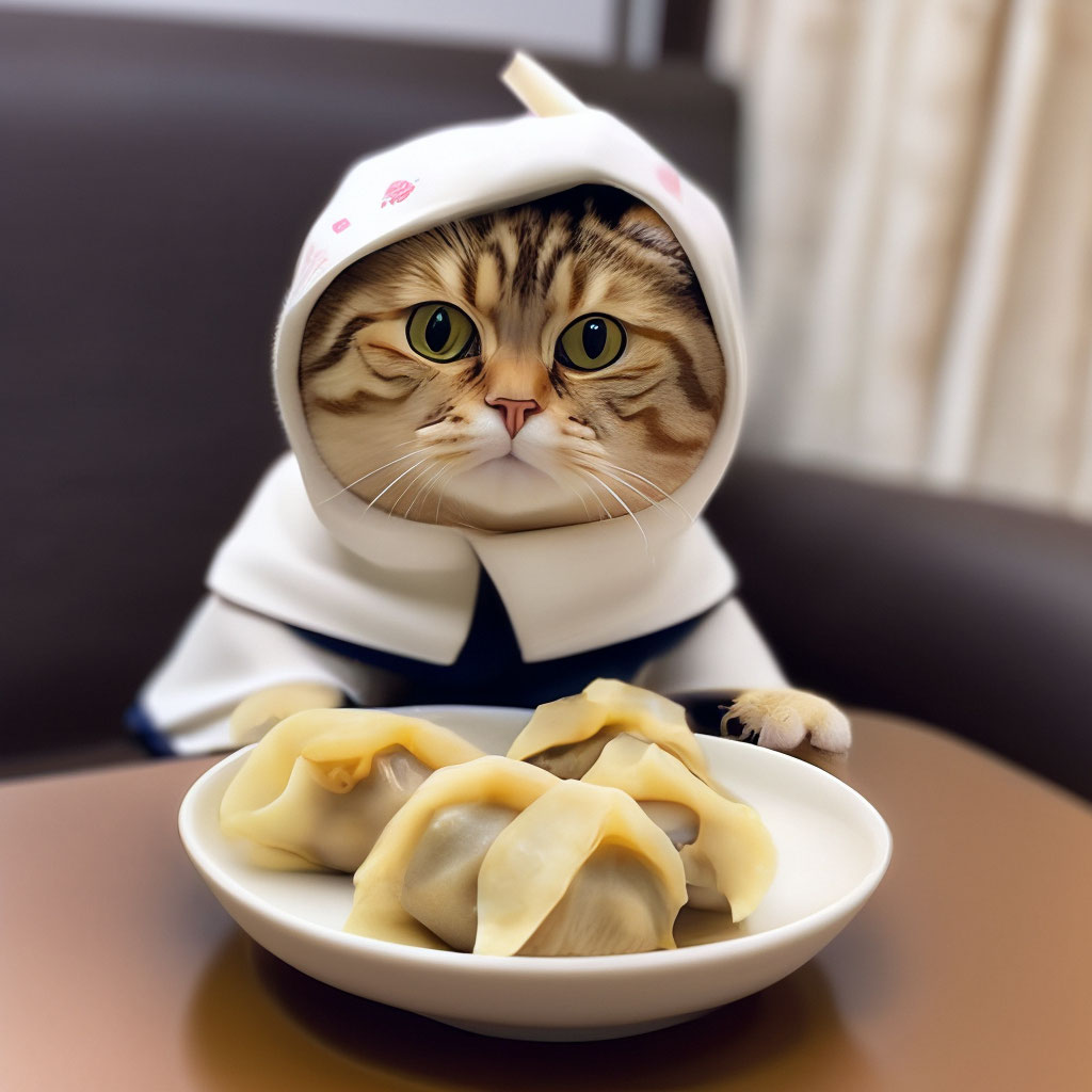 "A cat in a dumpling costume #dumplings in love" — image created in ...