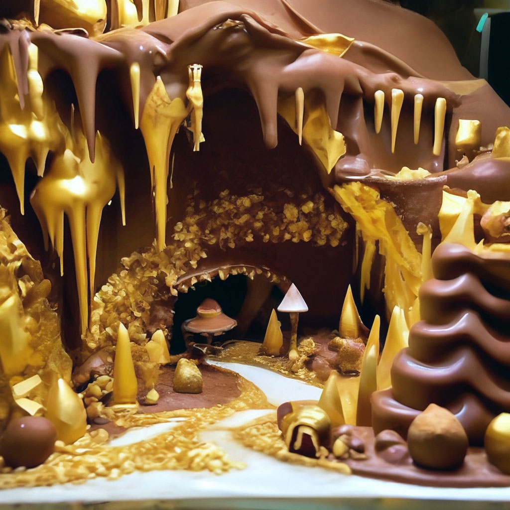 "A fabulous cave made of chocolate and gold" — image created in Shedevrum