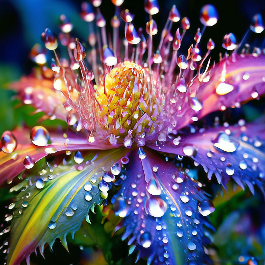 "A hybrid of thistle and rainbow orchid,large dew drops, diamond ...
