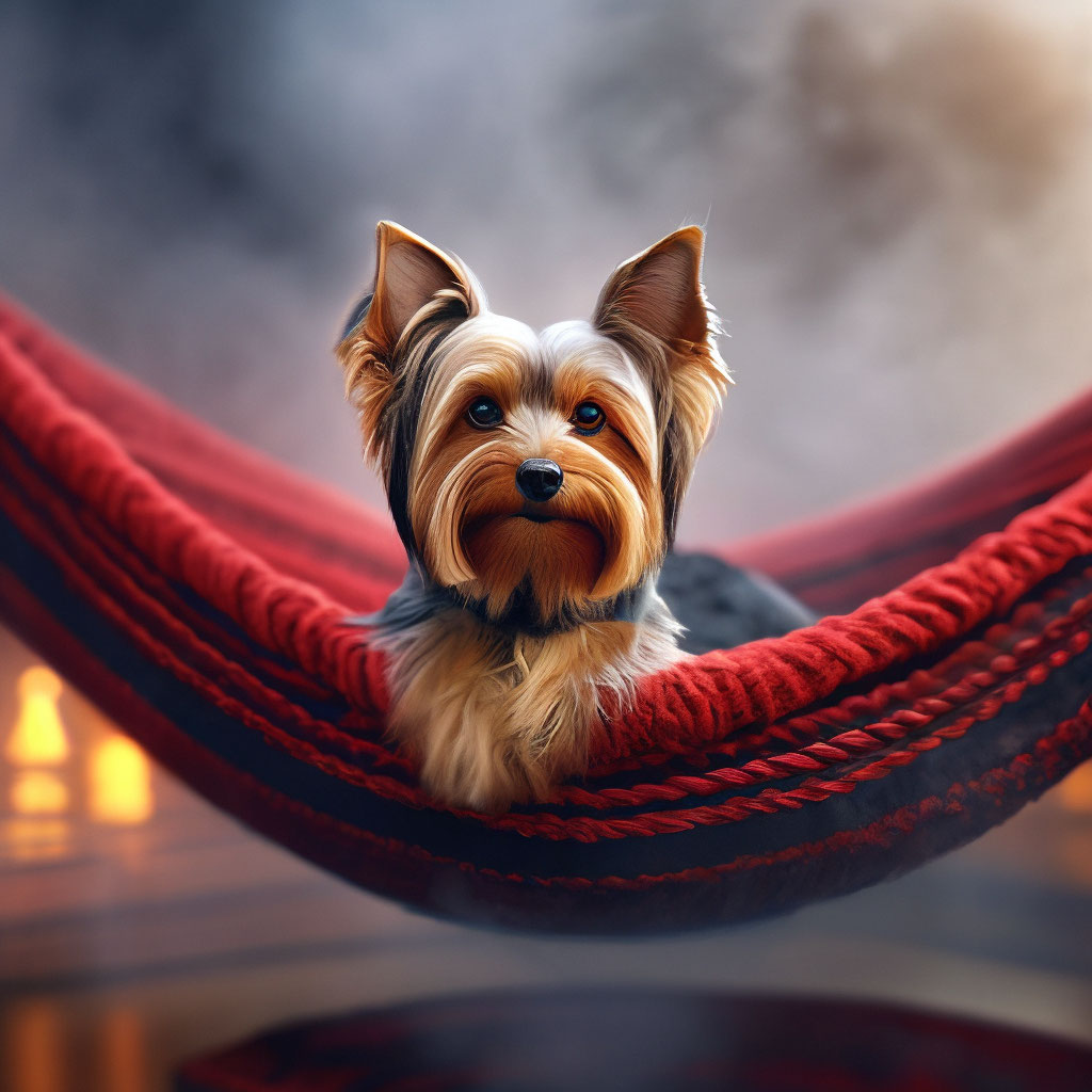 "Yorkshire terrier red with a black back with long hair sits half-turn ...