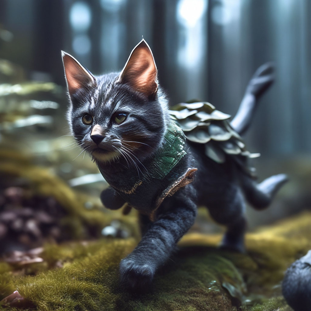 " a cat dressed as a dark elf hybrid with a dwarf runs through the ...