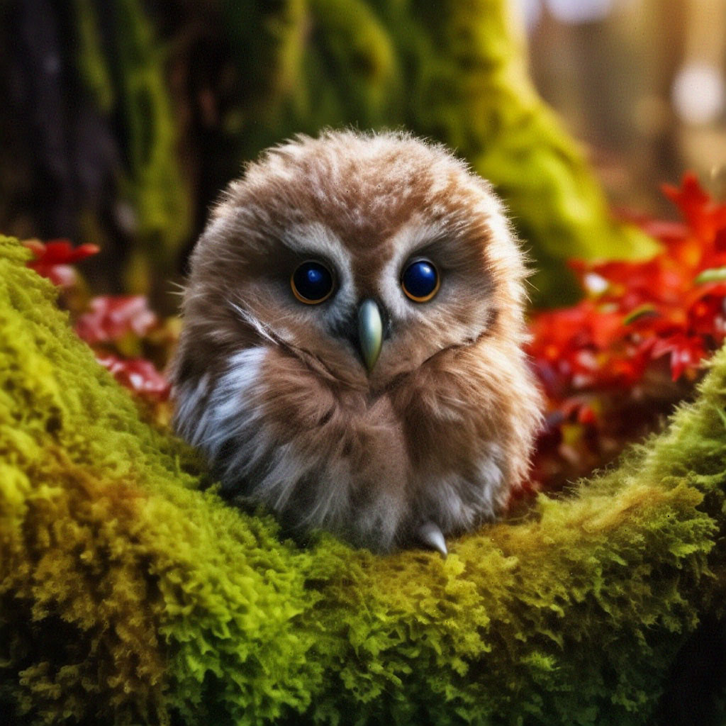 "A little kid ©Kitti_N a bright owlet in a hollow covered with moss and ...