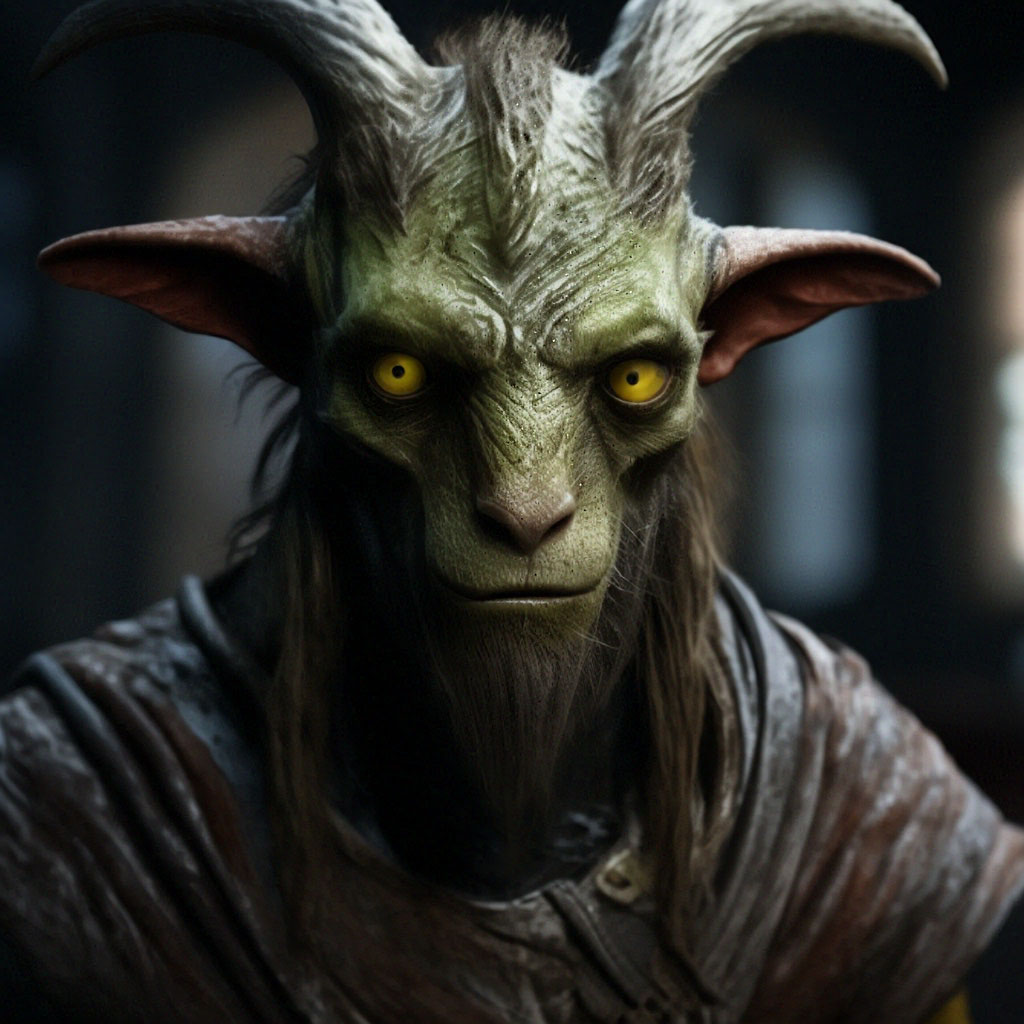 "Selvan from the TV series "The Witcher", a goat man with bulging eyes ...