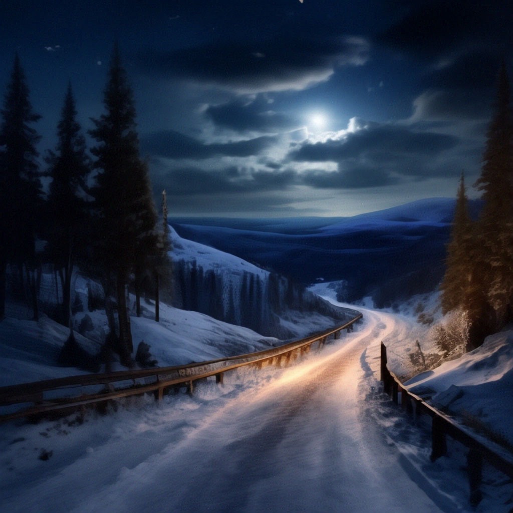 "Night, snowy road and hills. The moonlight silveres the whole ...