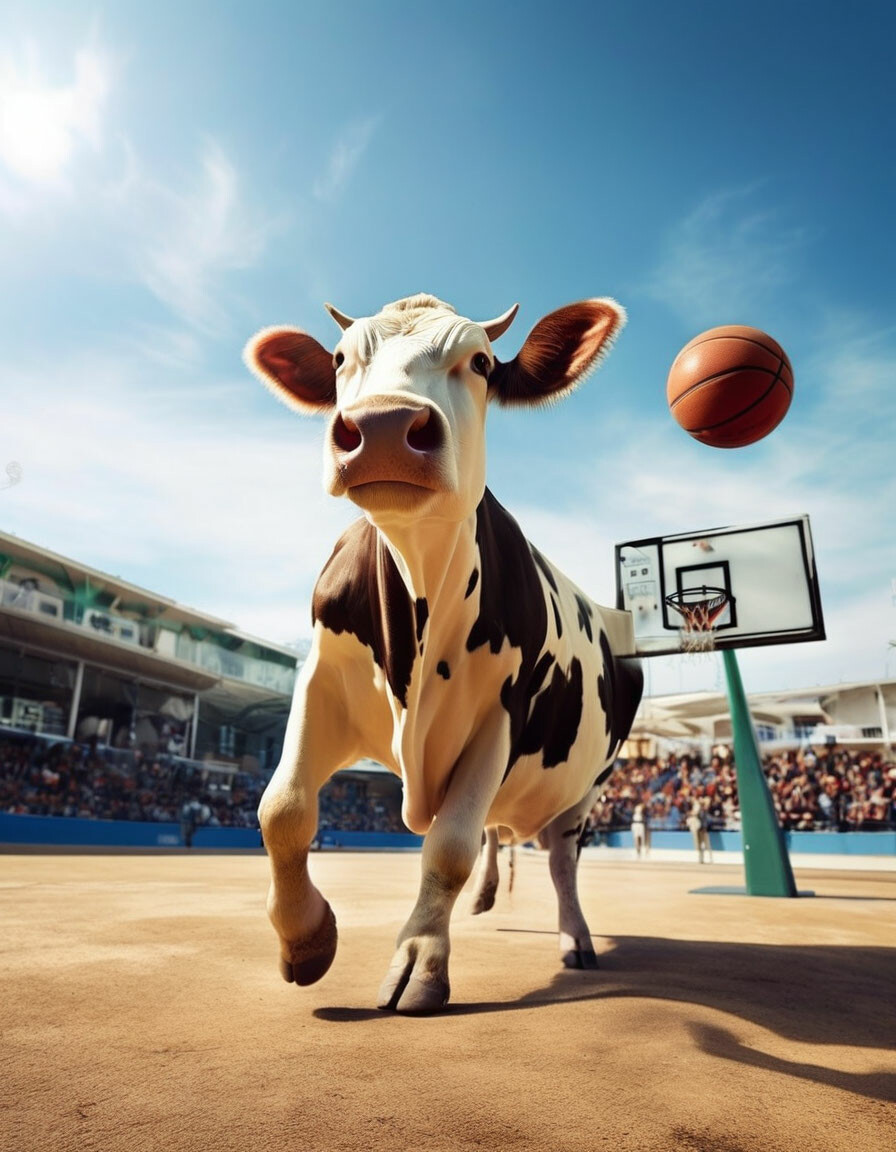 "Cows playing basketball" — image created in Shedevrum