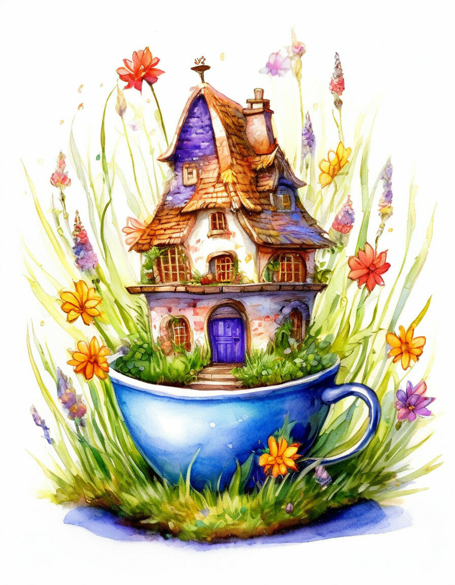 "Fairy-tale cute magic art, a tea cup shaped house, cute tea cup house ...