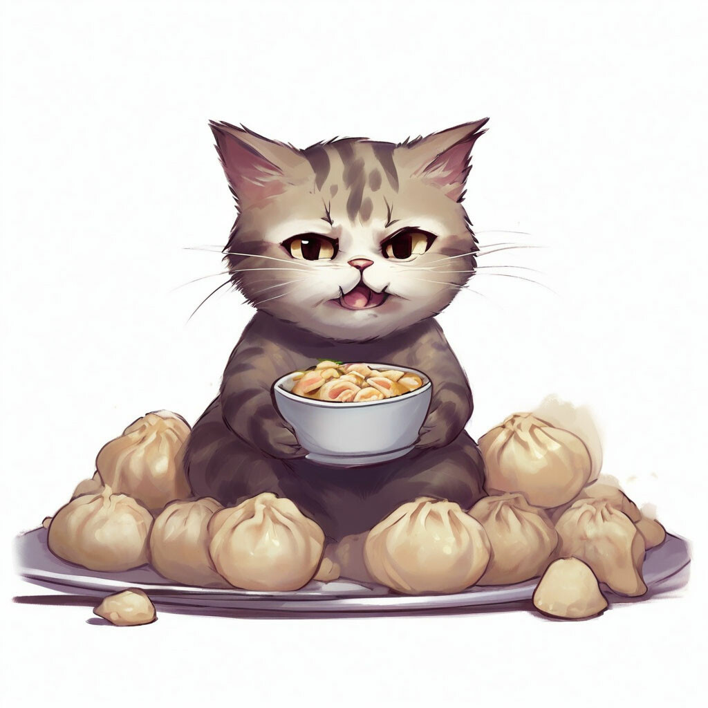 "The cat cries and eats dumplings" — image created in Shedevrum