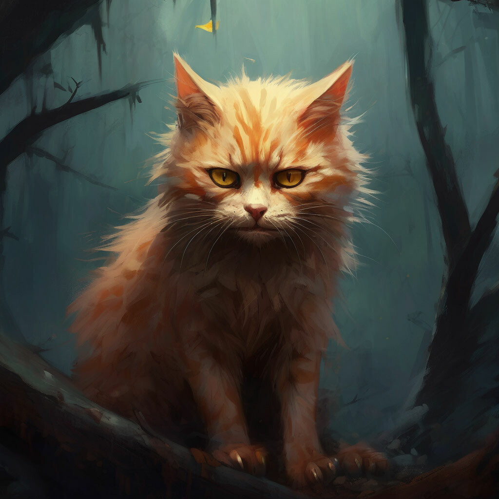 "One Eye is a light red mottled cat …" — image created in Shedevrum