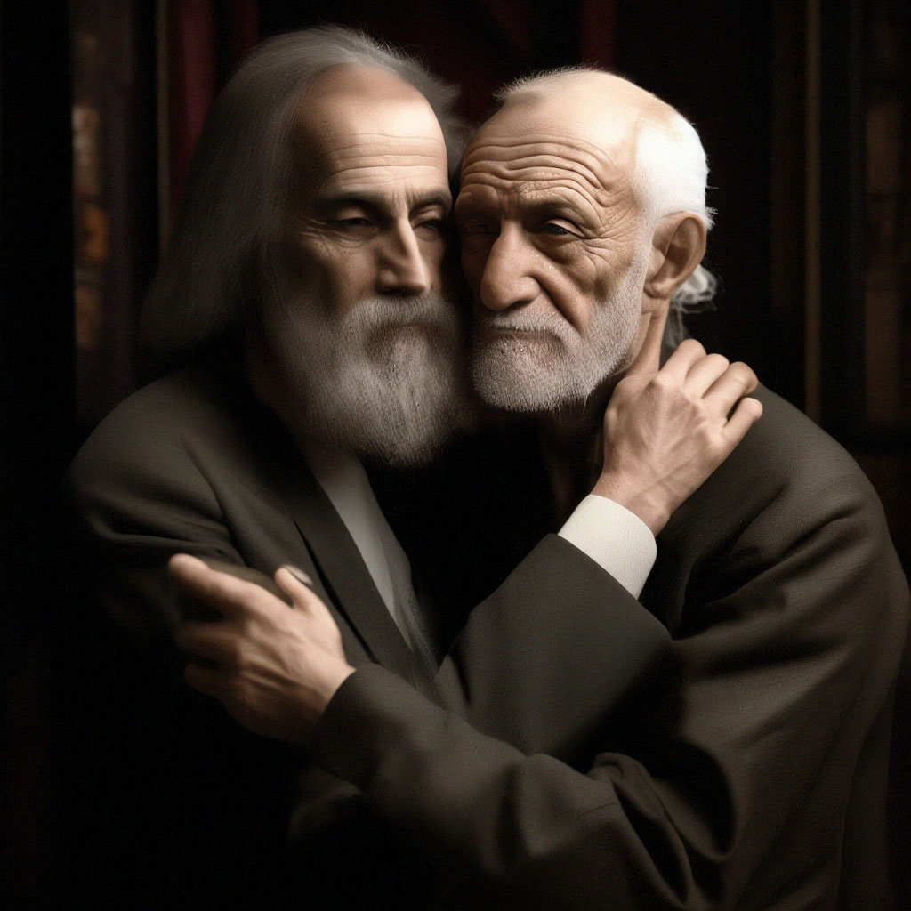 "Picasso EMBRACES Leonardo DAVINCI" — image created in Shedevrum