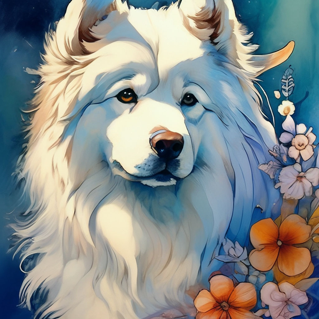 "Samoyed puppy, art nouveau, watercolor, vector graphics, ink drawing ...