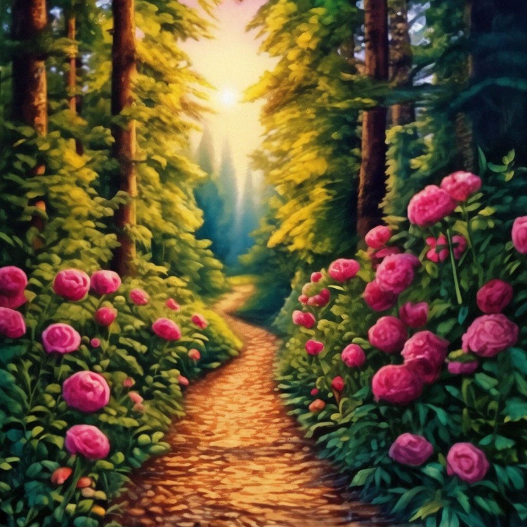 "A picture with colored pencils, summer, sunrise, a path in the forest ...