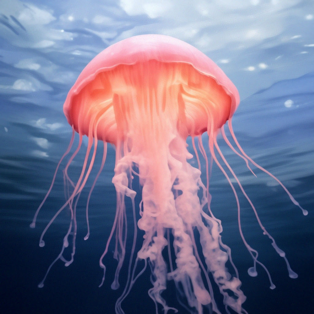 "English watercolor, pink jellyfish in the sea, sketch, drawing ...