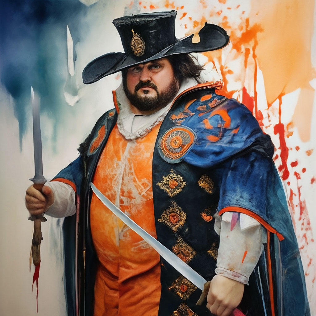 "The Musketeer a fat man wide-brimmed black hat in hand rapier on ...