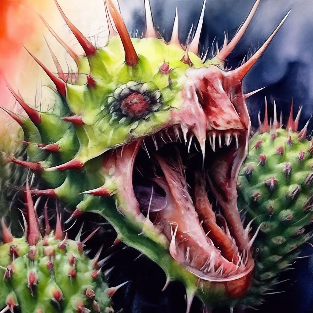 "Predatory toothy cactus, fantasy, watercolor, ink drawing,hyper detail ...