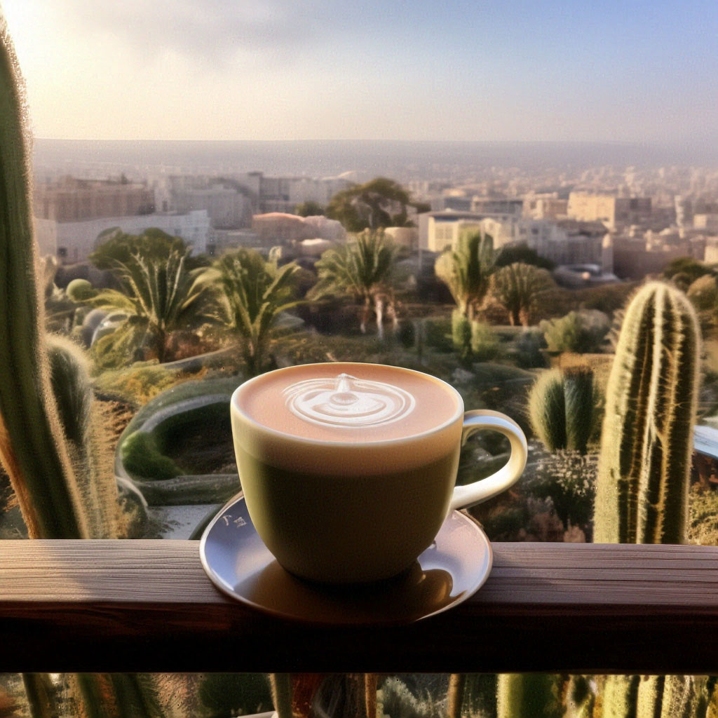 "Latte on the balcony of a white alien tower overlooking a garden of ...