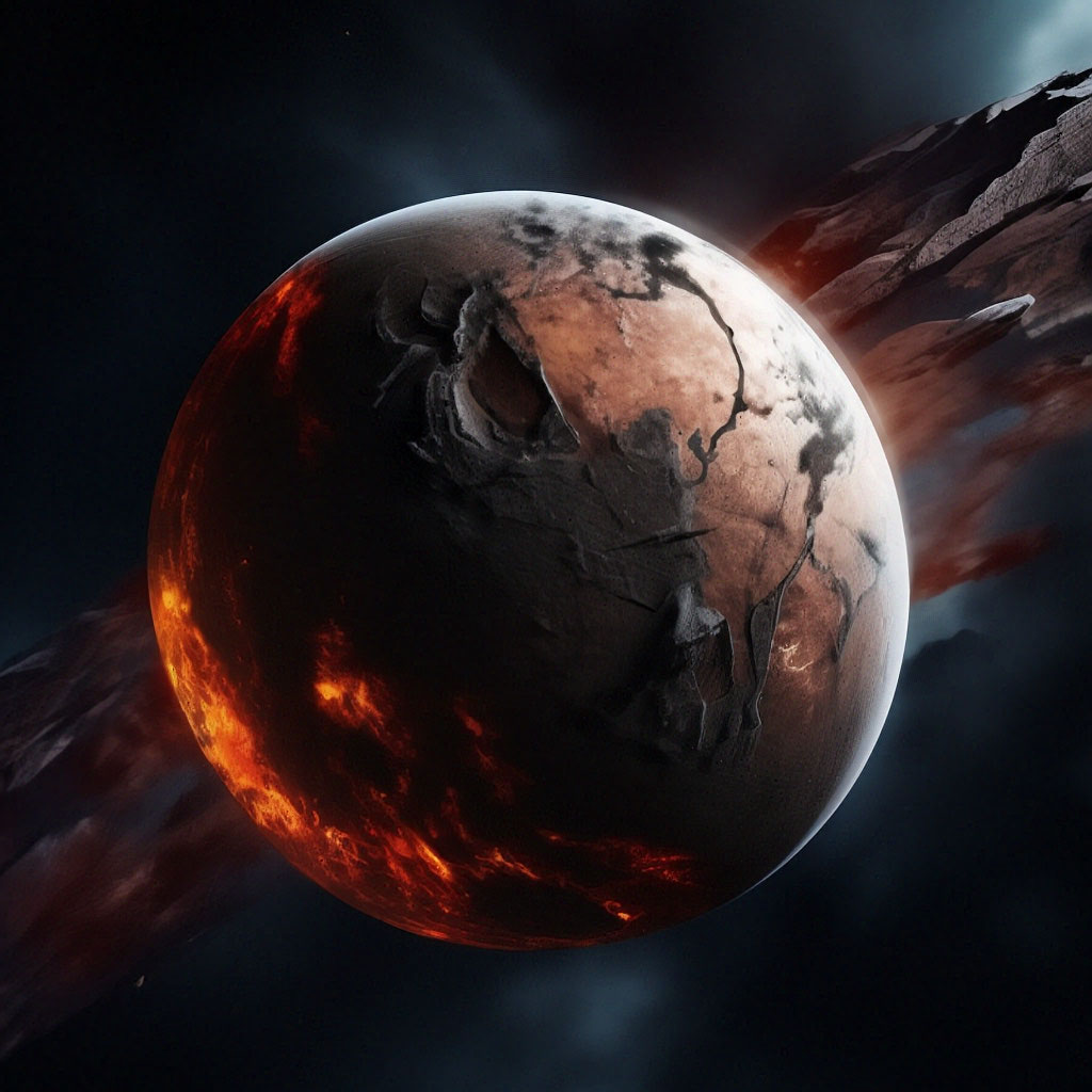 "A lonely lifeless stone planet, with destroyed cities flying in the ...