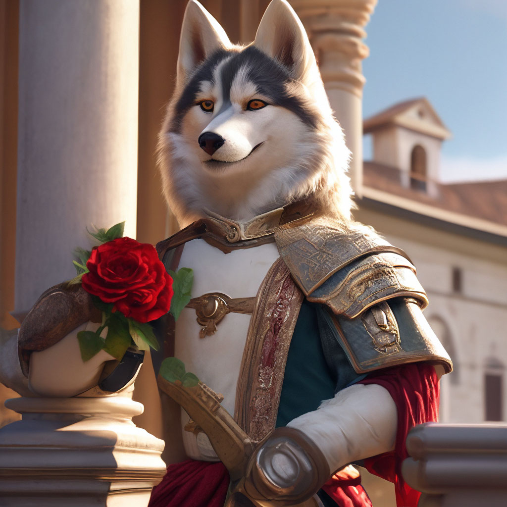 "The portrait is anthropomorphic Husky Romeo, a proud handsome man with ...