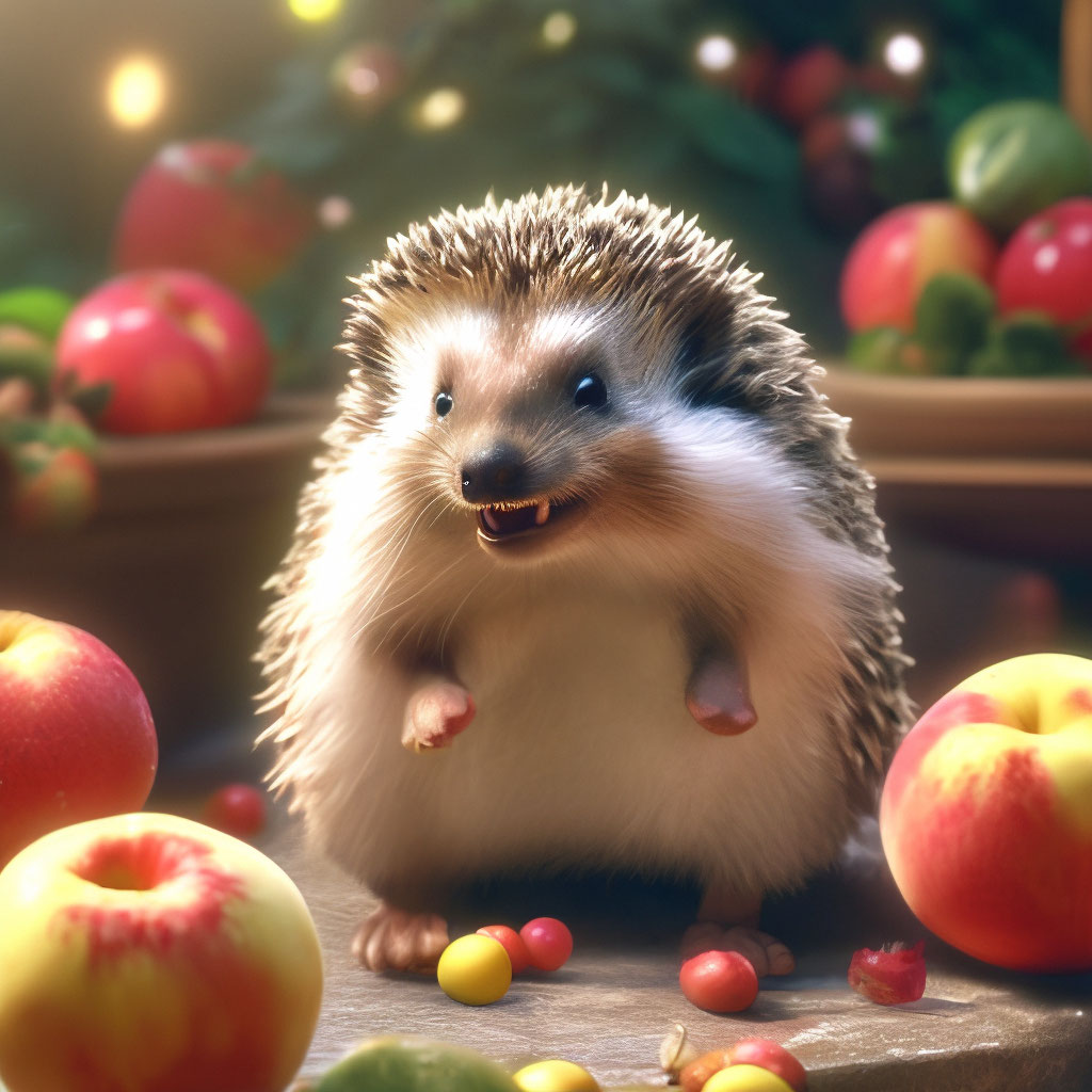 "The funny hedgehog is confused... Apple or peach, that's the question ...