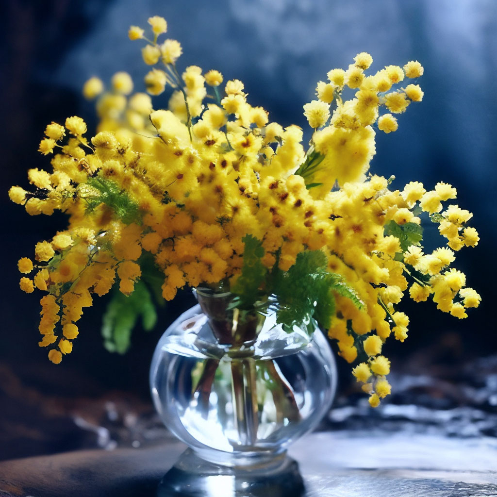 "Bouquet of mimosas in crystal, on a light background" — image created ...